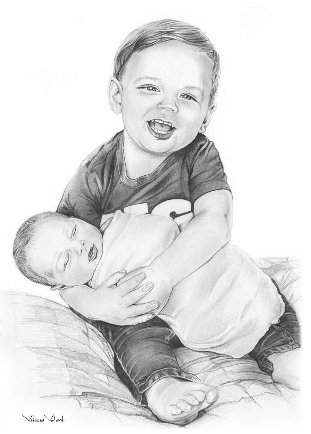 Children Portrait of Two Kids, Pencil Drawing From Your Photo, Sketch ...