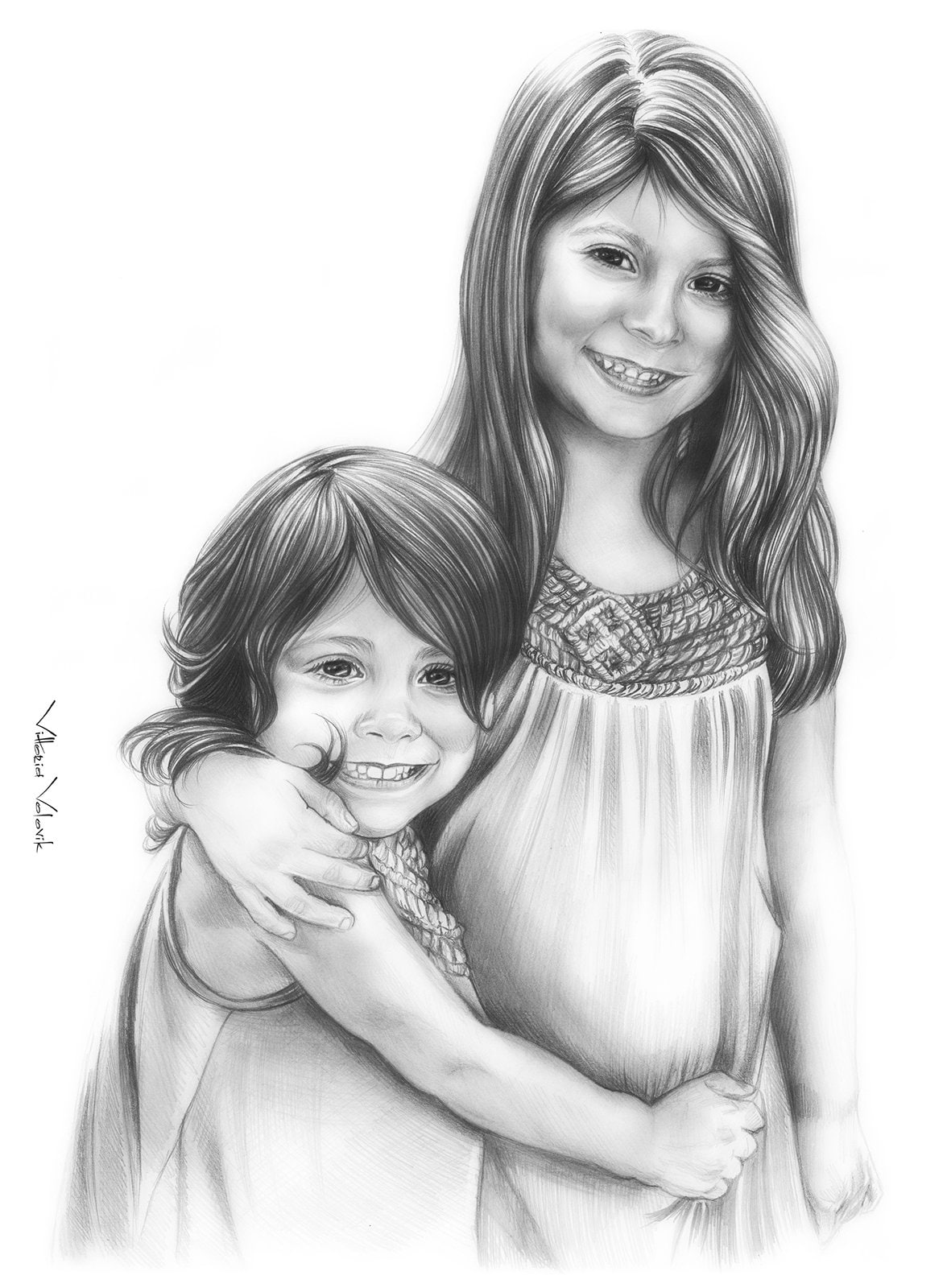 Children Portrait of Two Kids, Pencil Drawing From Your Photo, Sketch ...