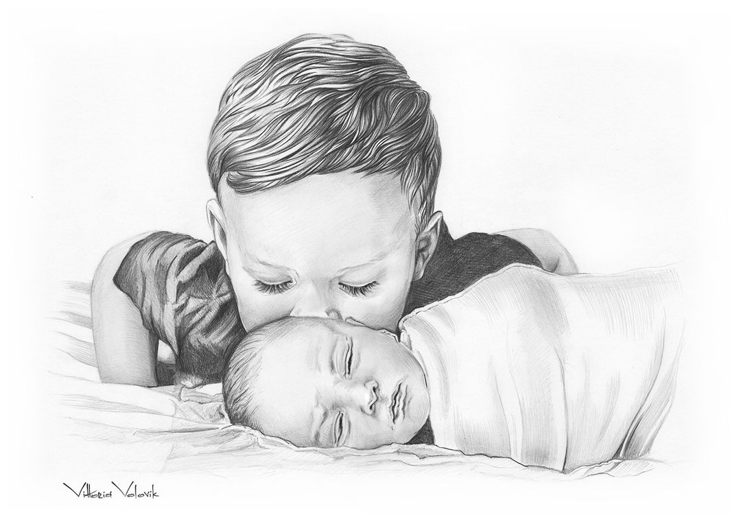 Children Portrait of Two Kids, Pencil Drawing From Your Photo, Sketch ...