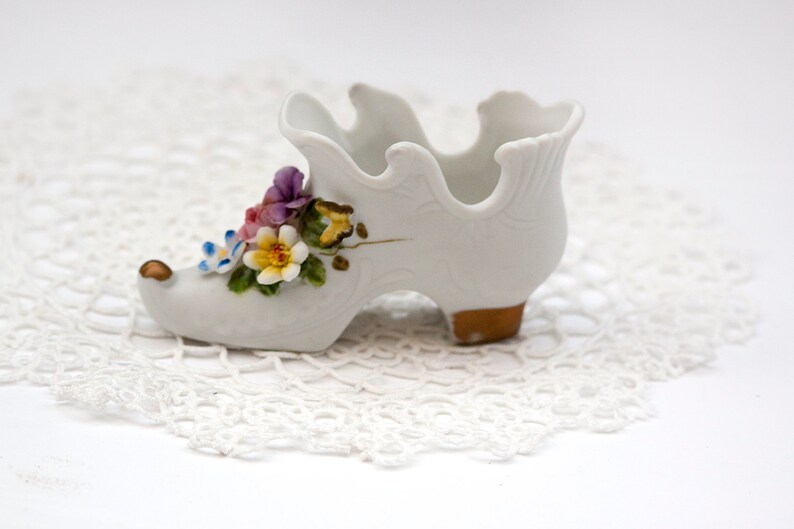 Vintage Shoe Figurine White Bisque With Delicate Floral Accents, Small ...