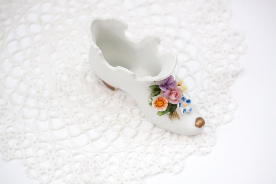Vintage Shoe Figurine White Bisque With Delicate Floral Accents, Small ...