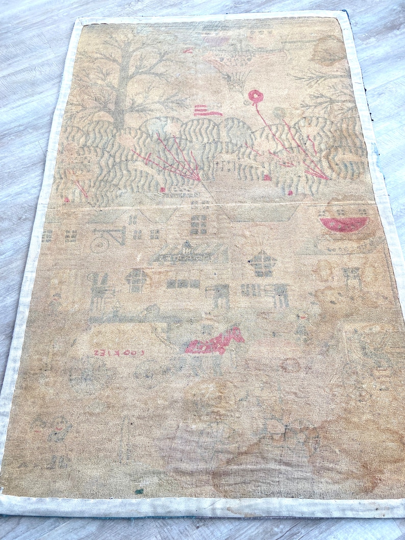 Hooked Rug Folk Art Village Fair or Carnival Scene With French Balloon ...