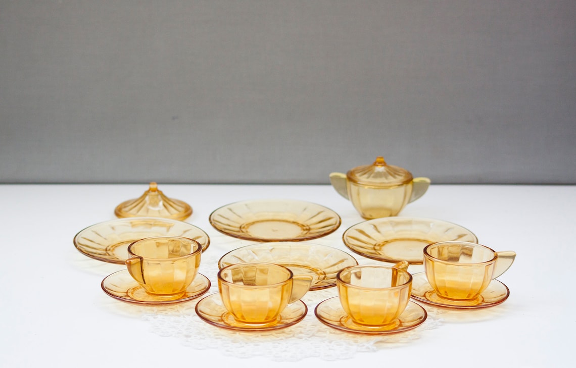 AKRO Agate Children's Amber Depression Glass Tea Set Set - Etsy