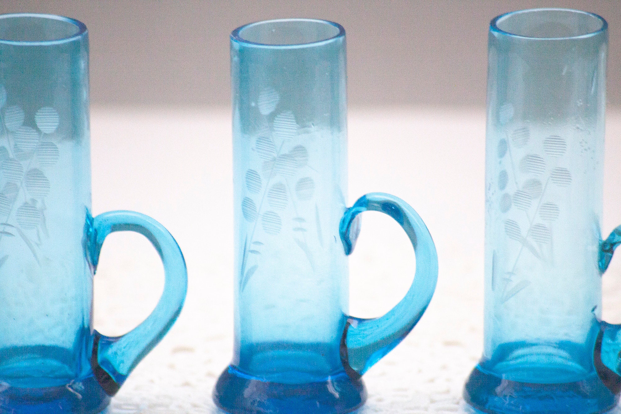 Vintage Tall Shot Glasses With Handle Blue Etched Floral Set | Etsy