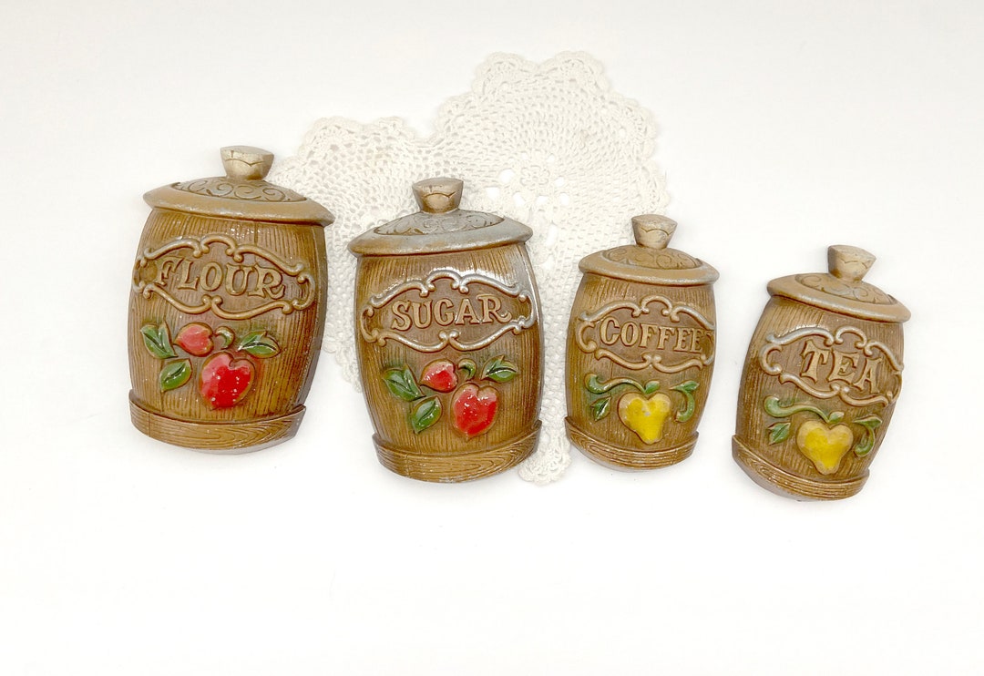 1967 Cast Metal Wall Art Sexton Sugar Flour Tea Coffee Barrel Fruit ...