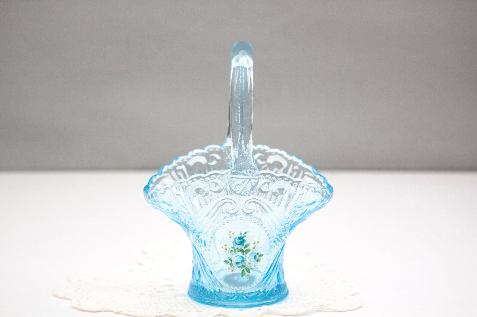 Vintage Bridal Basket Blue Glass With Blue Roses - Etsy