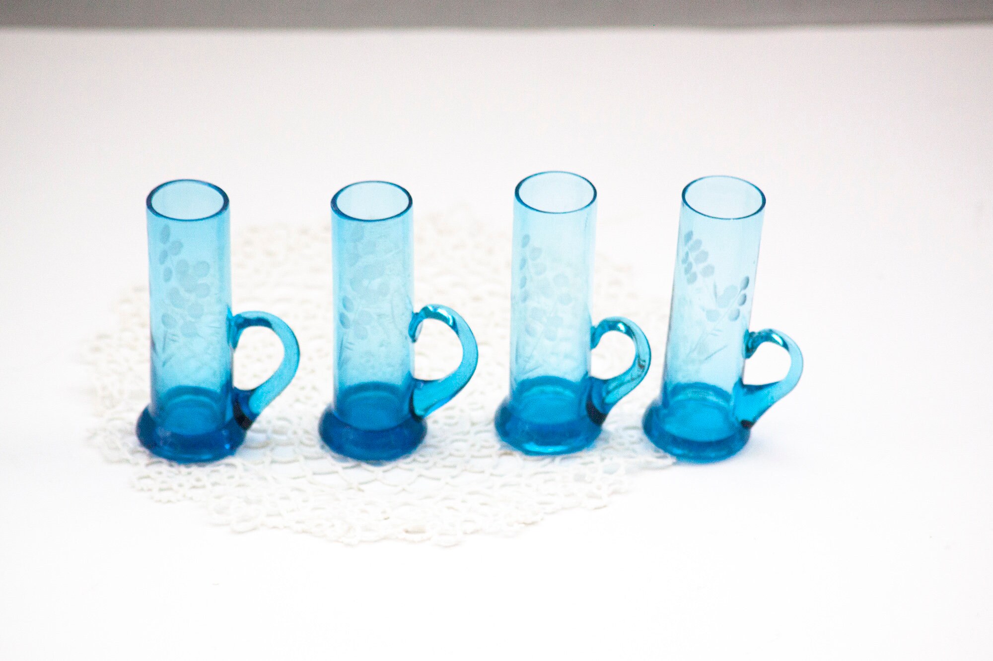 Vintage Tall Shot Glasses With Handle Blue Etched Floral Set | Etsy