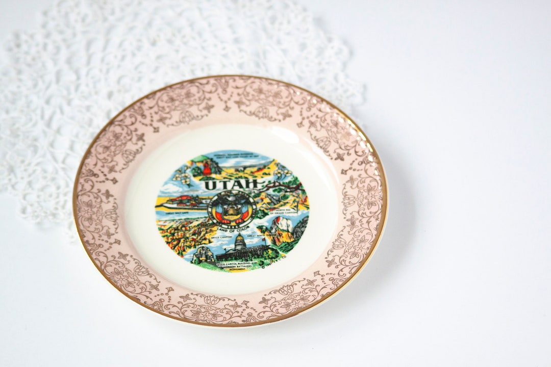 Vintage Utah Small Souvenir Plate Pink Rim With Gold Detail - Etsy