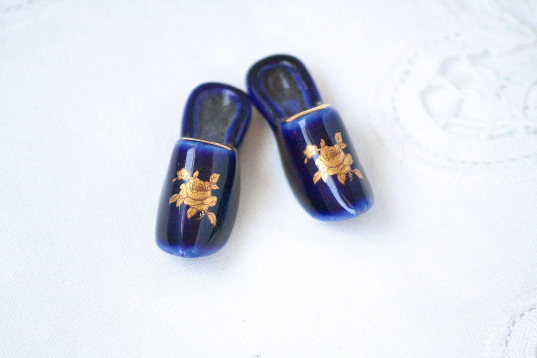 Miniature Limoges Shoe Slippers Cobalt Blue Limoges France Gold Trim 1. ...