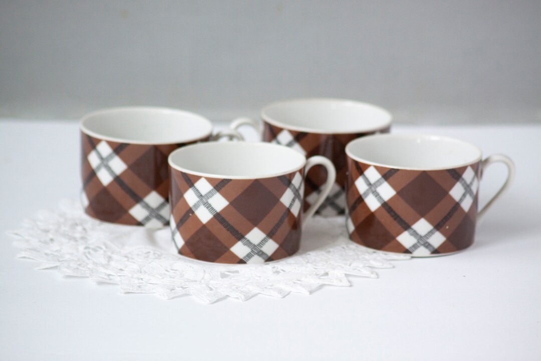 Vintage Fitz and Floyd Flat Bottom Cup Brown Plaid Set of 4 - Etsy