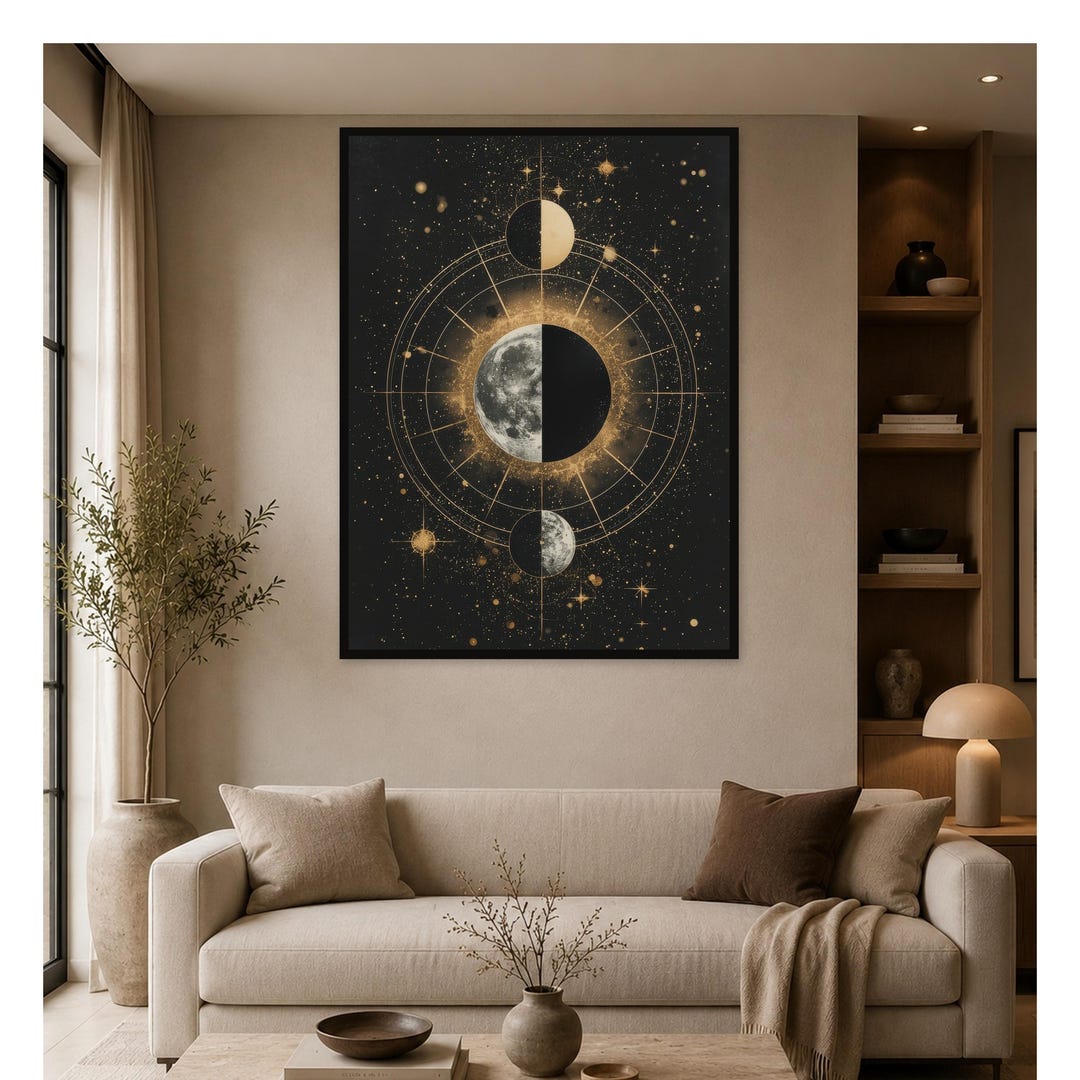 Moon Phase Wall Art: Celestial Design - Gold and Black Print - Etsy