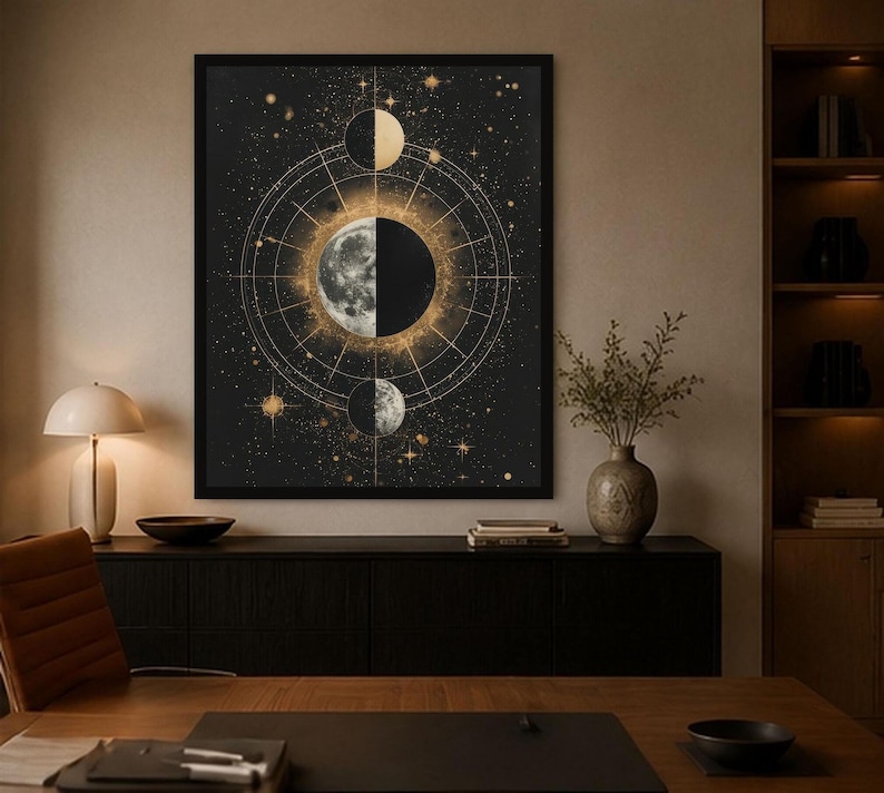 Moon Phase Wall Art: Celestial Design - Gold and Black Print - Etsy