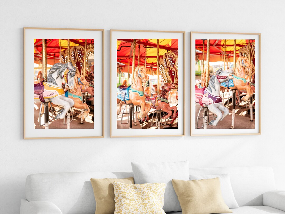 Carousel Wall Art Print Set - Vintage Flying Carousel Horses Framed ...