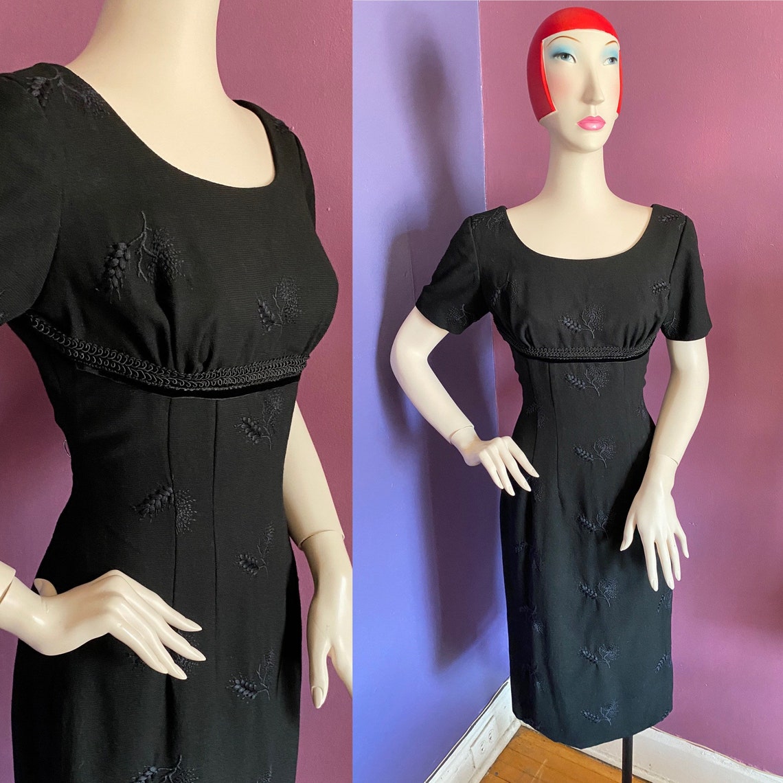 Vintage 1950s Embroidered Black Wiggle Dress Designer LBD S - Etsy