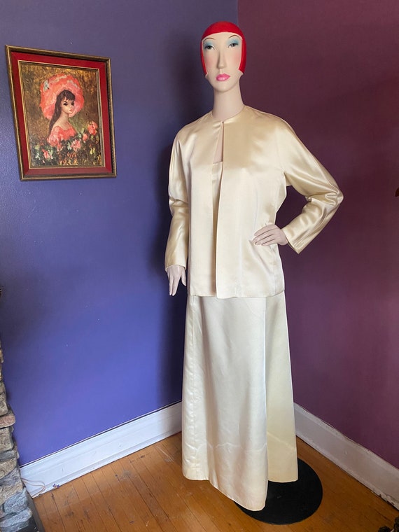 Vintage 1960s Cream Satin Wedding Dress and Jacket Se… - Gem