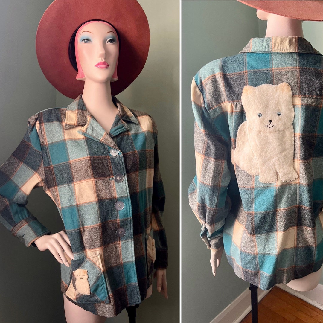 1950s Teal Plaid Wool 49er Jacket With Cat Appliqués Pendleton Style Jacket Shacket - Etsy