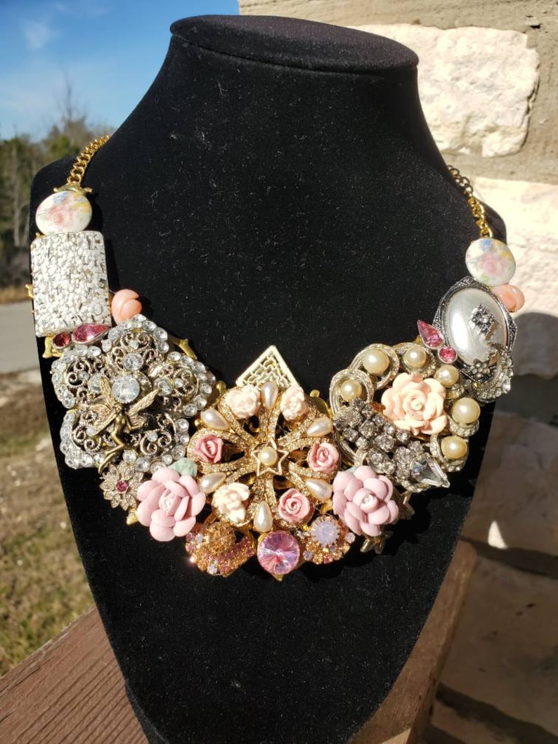 Handmade Repurposed Statement Bib Metal Necklace Pink Gold Tone Roses ...