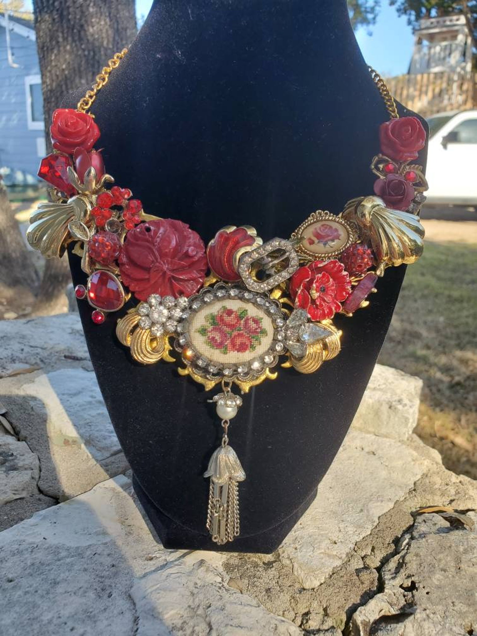 Handmade Repurposed Statement Bid Metal Necklace With Sweet Red Roses ...