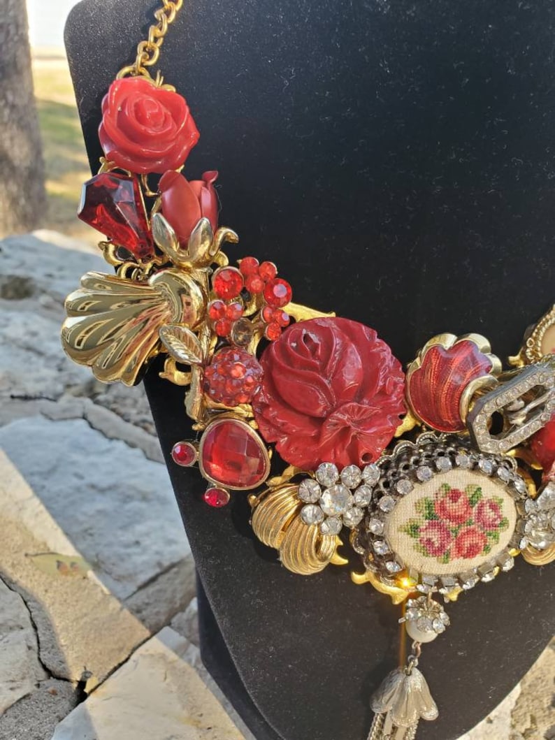 Handmade Repurposed Statement Bid Metal Necklace With Sweet Red Roses ...