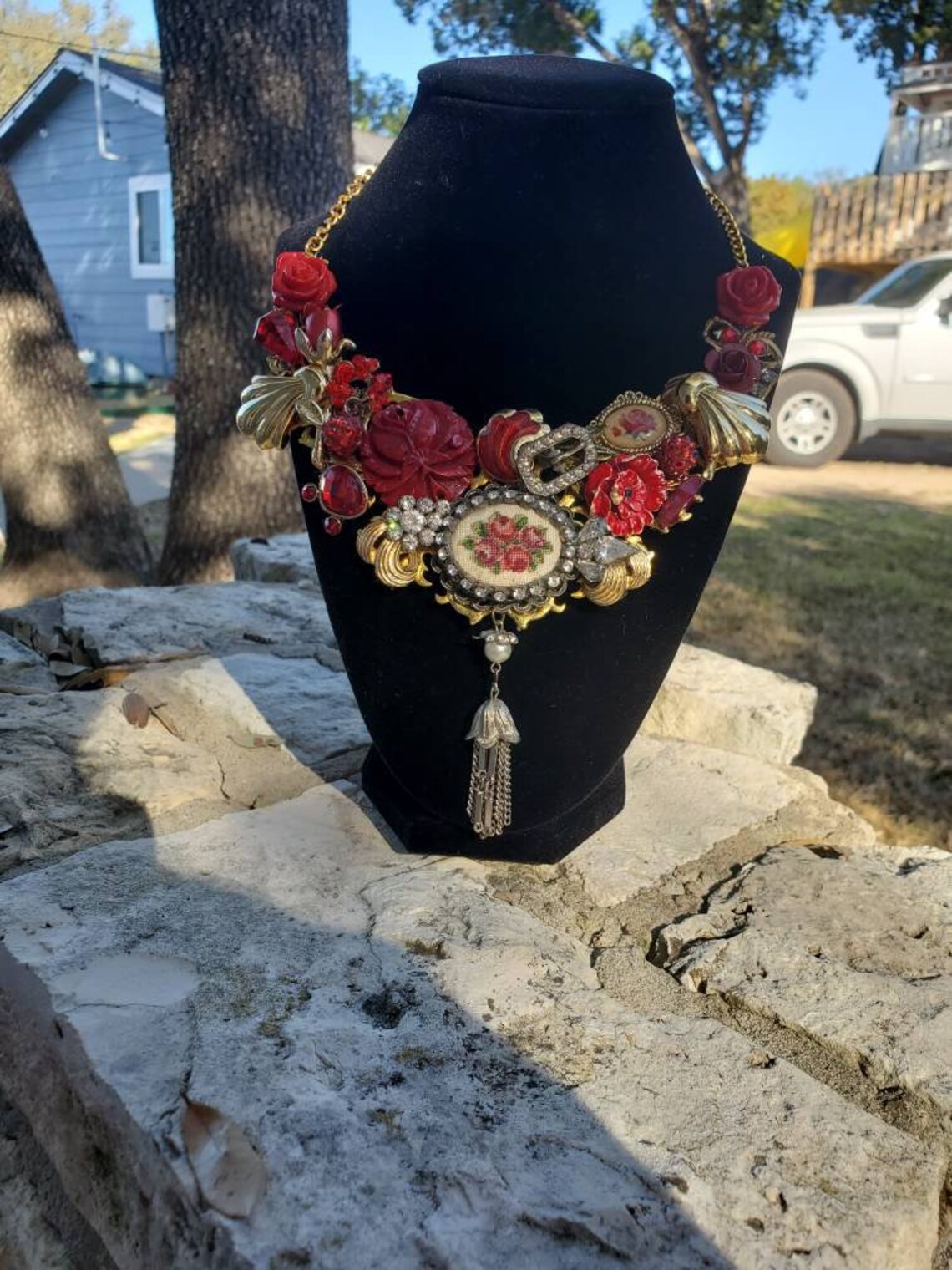 Handmade Repurposed Statement Bid Metal Necklace With Sweet Red Roses ...