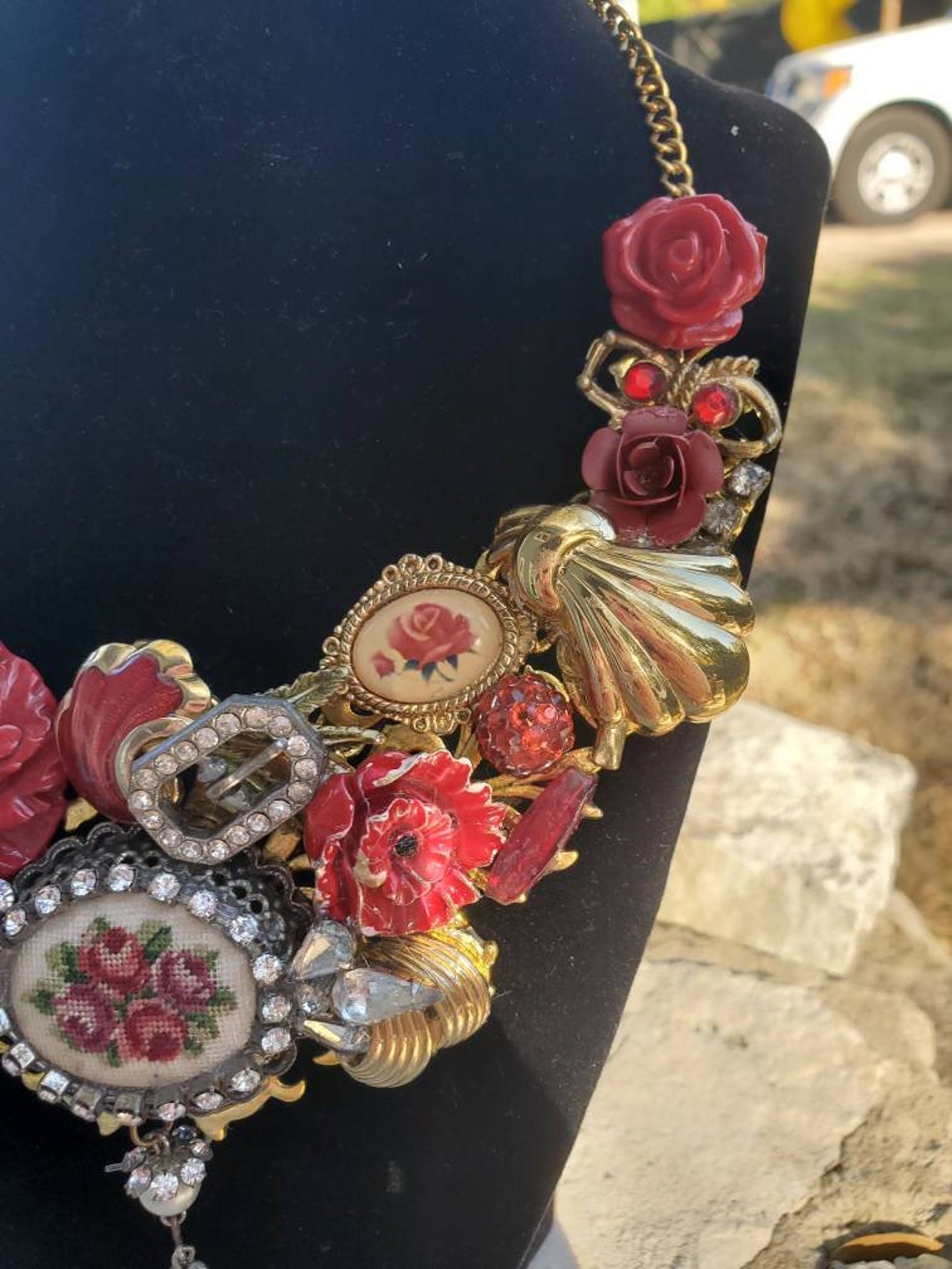 Handmade Repurposed Statement Bid Metal Necklace With Sweet Red Roses ...