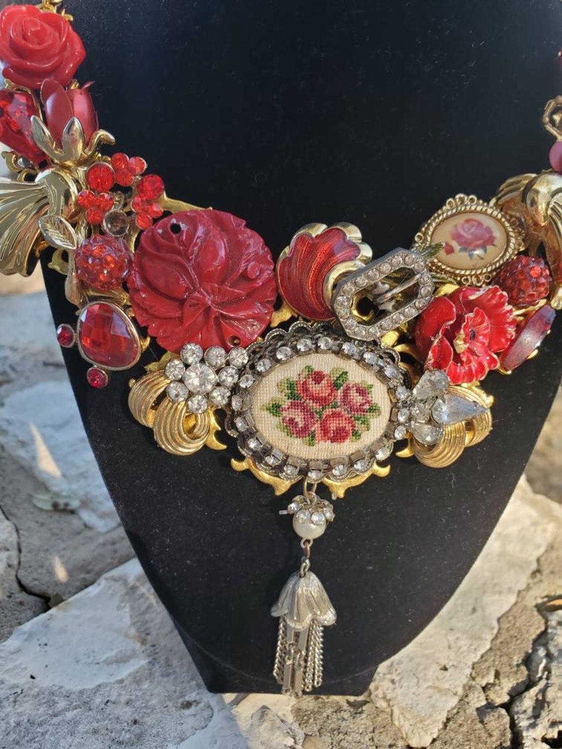 Handmade Repurposed Statement Bid Metal Necklace With Sweet Red Roses ...