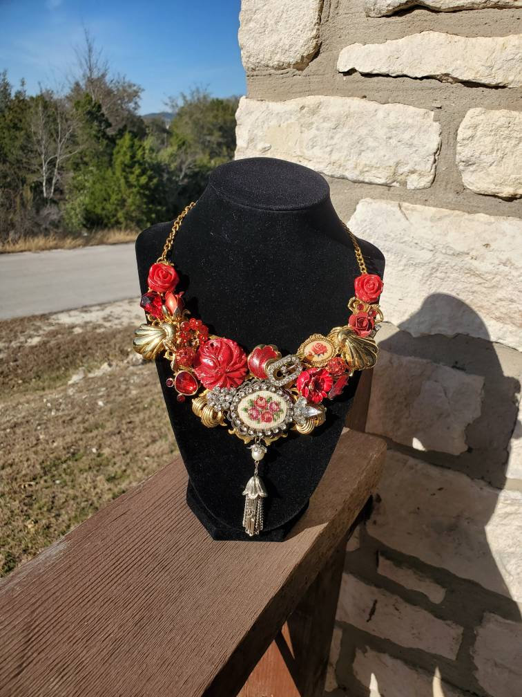 Handmade Repurposed Statement Bid Metal Necklace With Sweet Red Roses ...