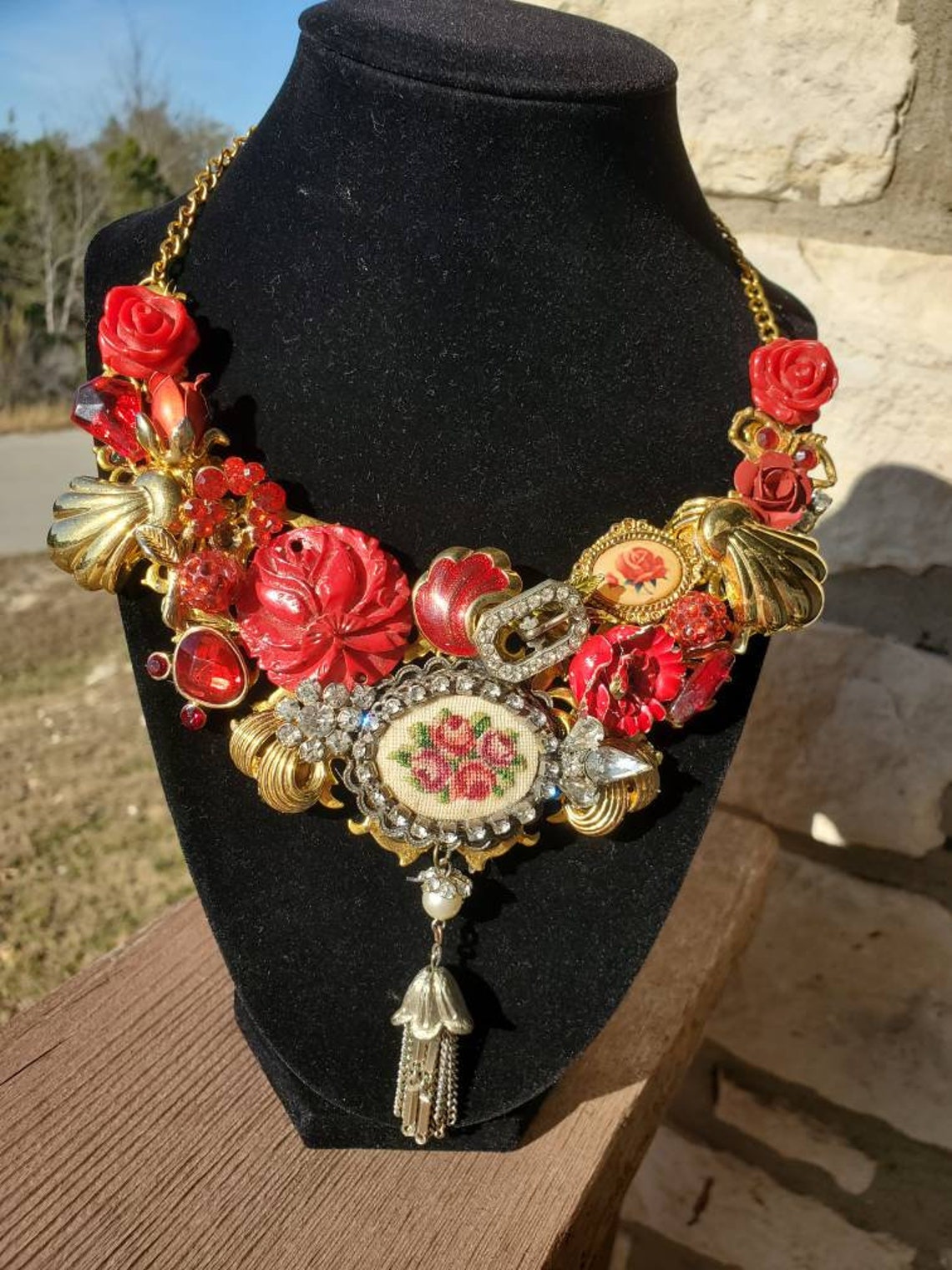 Handmade Repurposed Statement Bid Metal Necklace With Sweet Red Roses ...