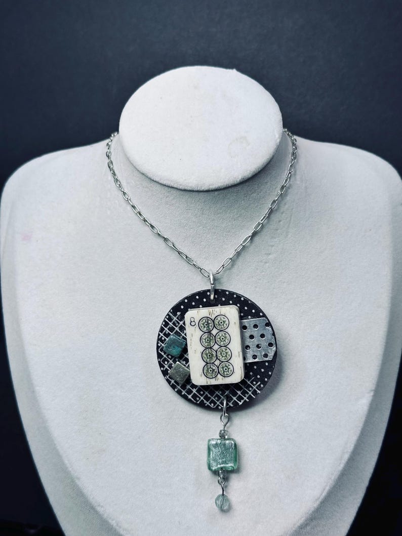 Antique Bone Mahjong Tile Pendant Necklace: Eight Dot, Turquoise Bead ...