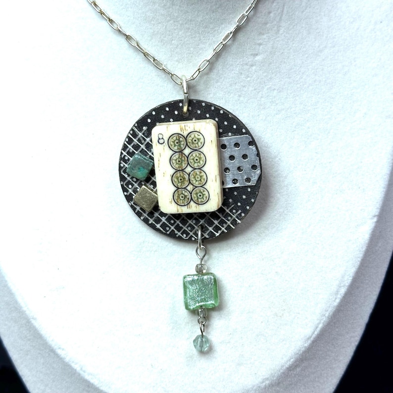 Antique Bone Mahjong Tile Pendant Necklace: Eight Dot, Turquoise Bead ...