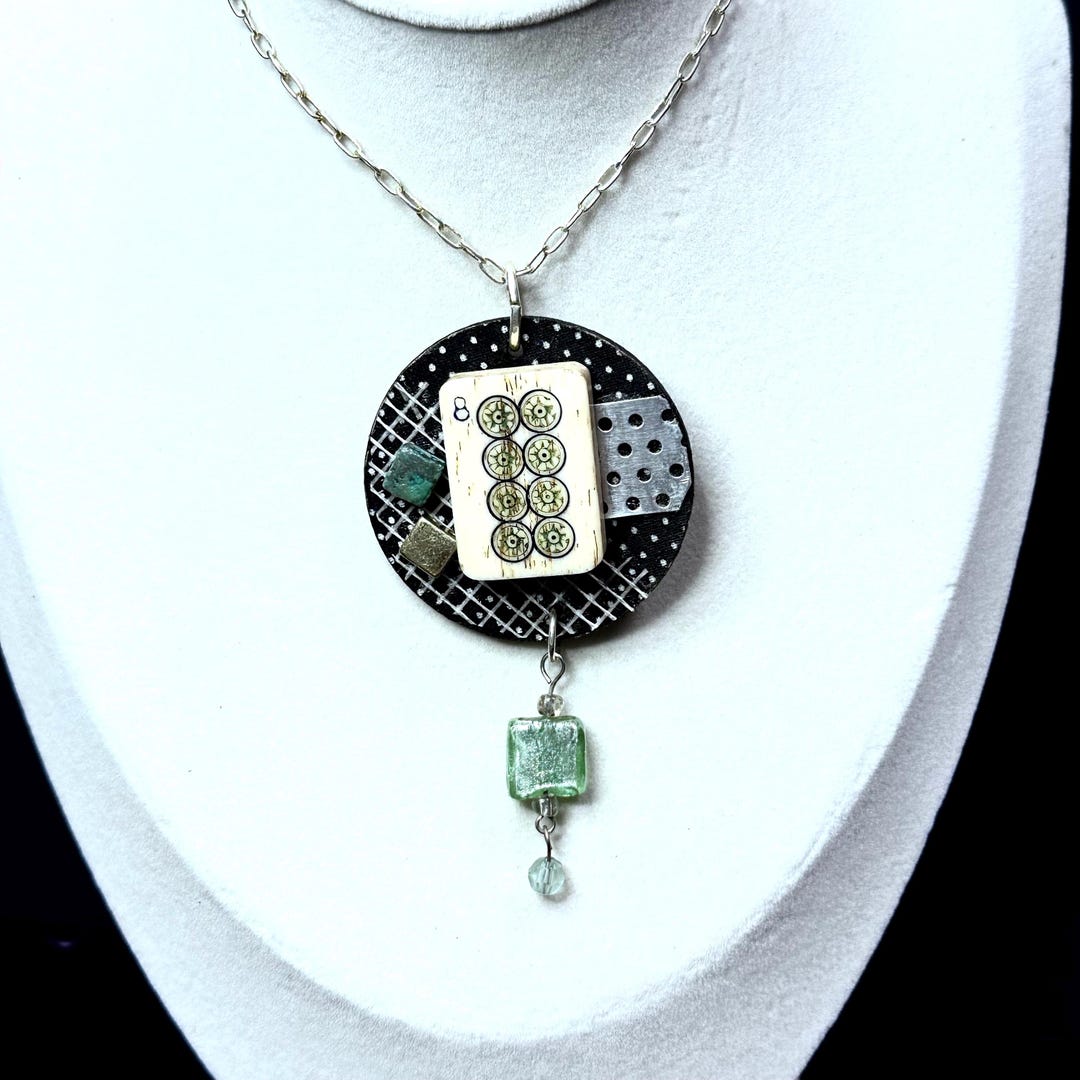 Antique Bone Mahjong Tile Pendant Necklace: Eight Dot, Turquoise Bead ...