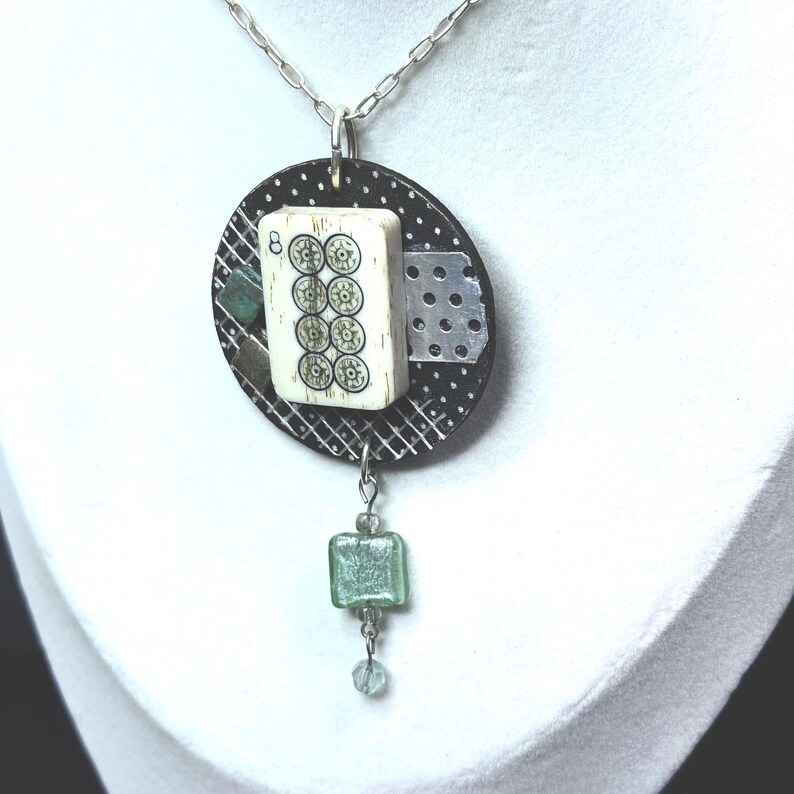 Antique Bone Mahjong Tile Pendant Necklace: Eight Dot, Turquoise Bead ...