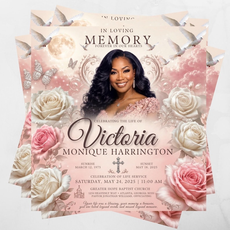 White Roses Funeral Program Template Memorial (canva, PDF Download ...
