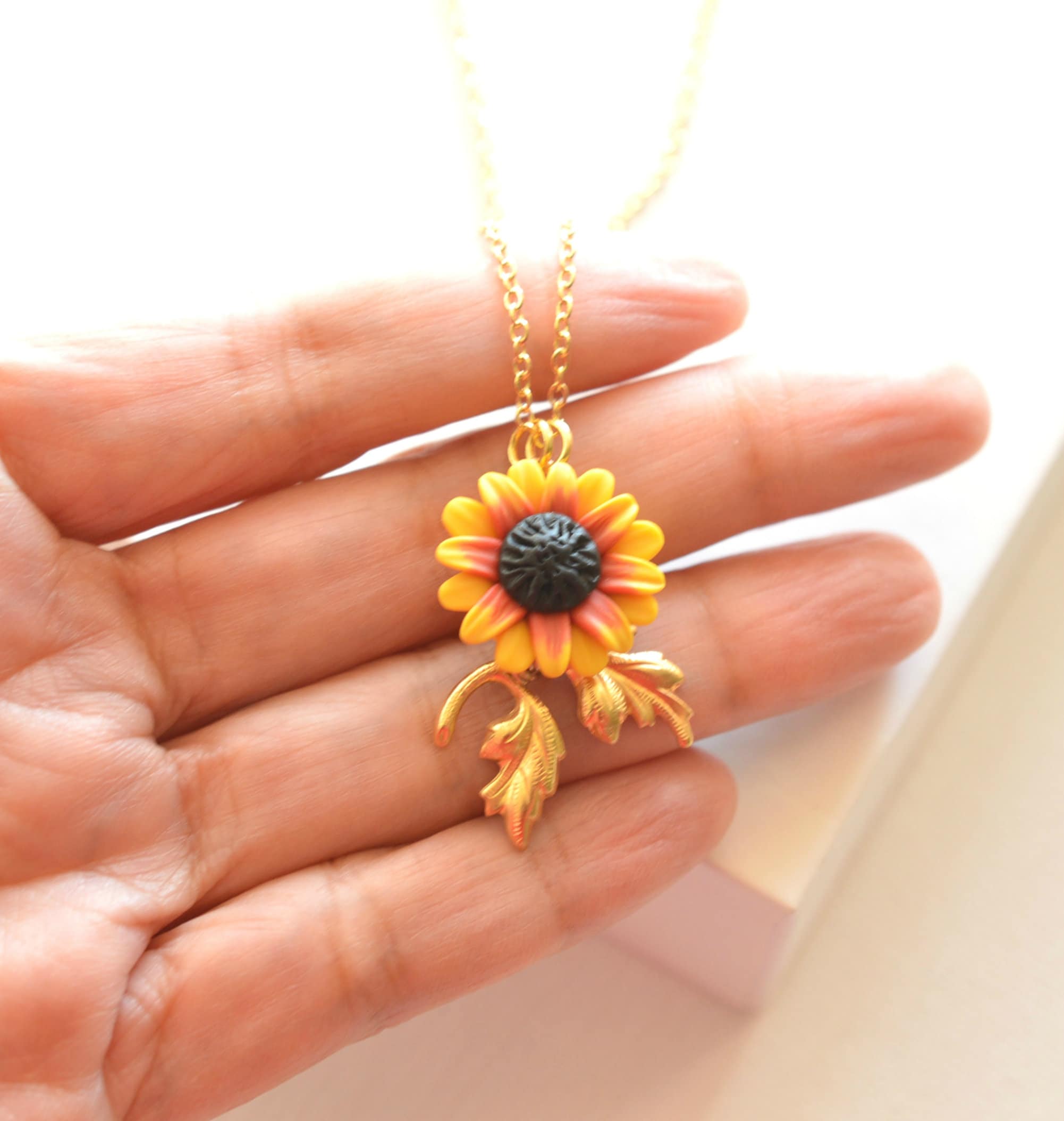 Leaf and Red Yellow Sunflower Pendant Necklace. Sunflower Simple Drop ...