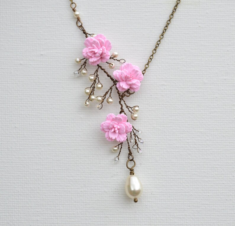 Trio Pink Sakura Flower Blossom/ Cherry Branch Vine Necklace. Spring ...