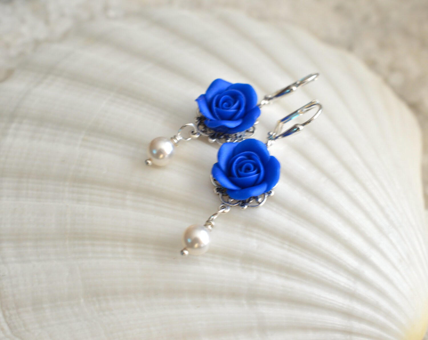 Royal Blue Rose Earrings, Royal Blue Flower Earrings, Bridesmaid ...