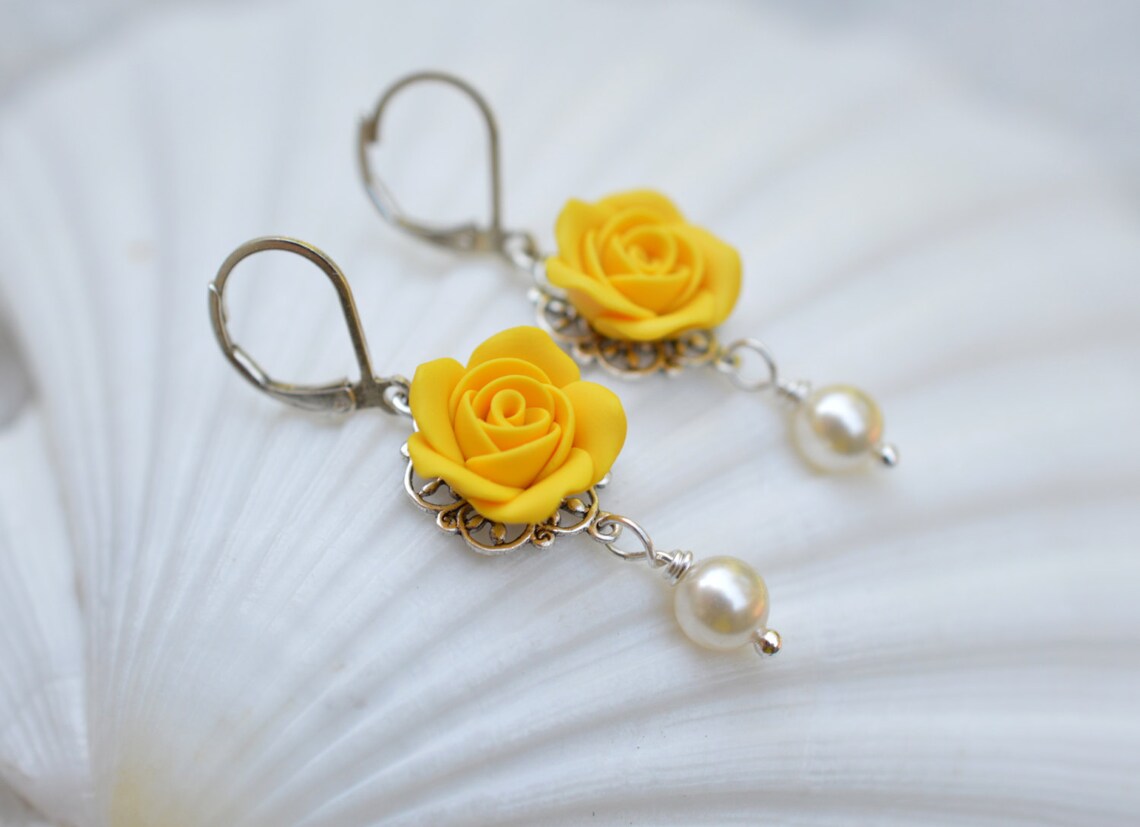 Golden Yellow Rose Earrings Yellow Flower Earrings Spring - Etsy