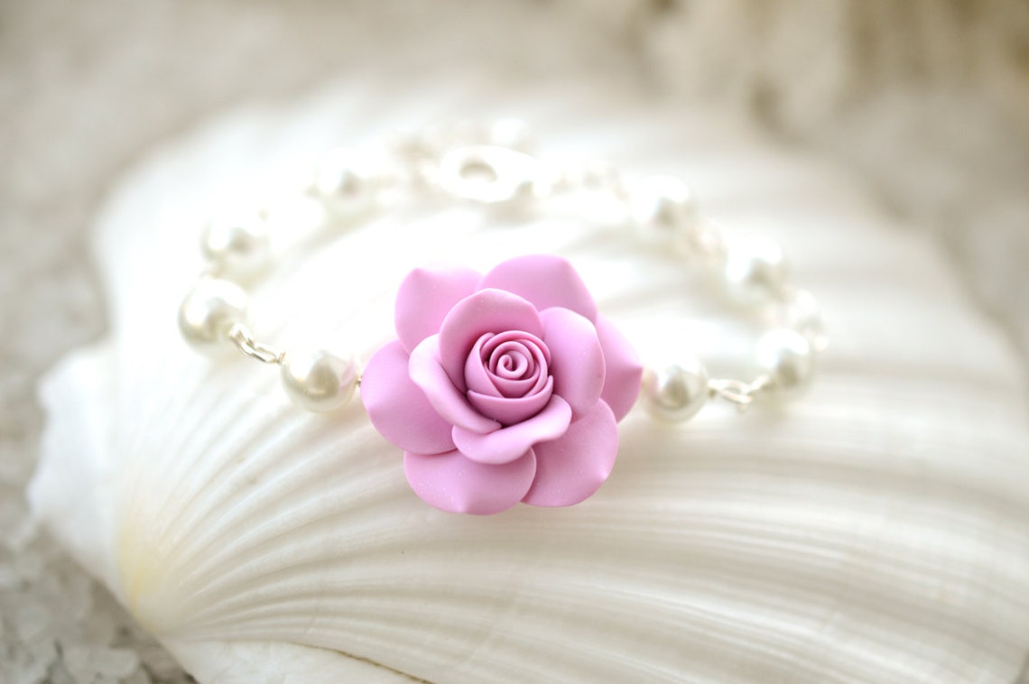 Pink Shade Rose and Pearls Bracelet, Hot Pink Rose Bracelet, Flower ...