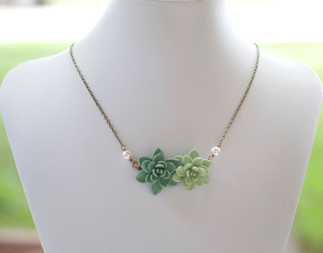 Double Succulent Centered Necklace in Dusty Mint Green and Light Pale ...