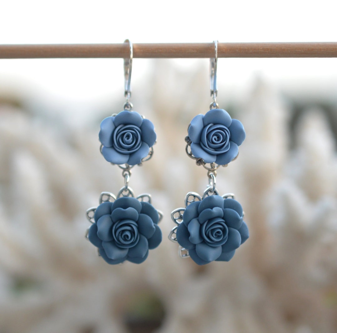 Mardy Double Roses Earrings in Dusty Blue and Claudy Blue - Etsy