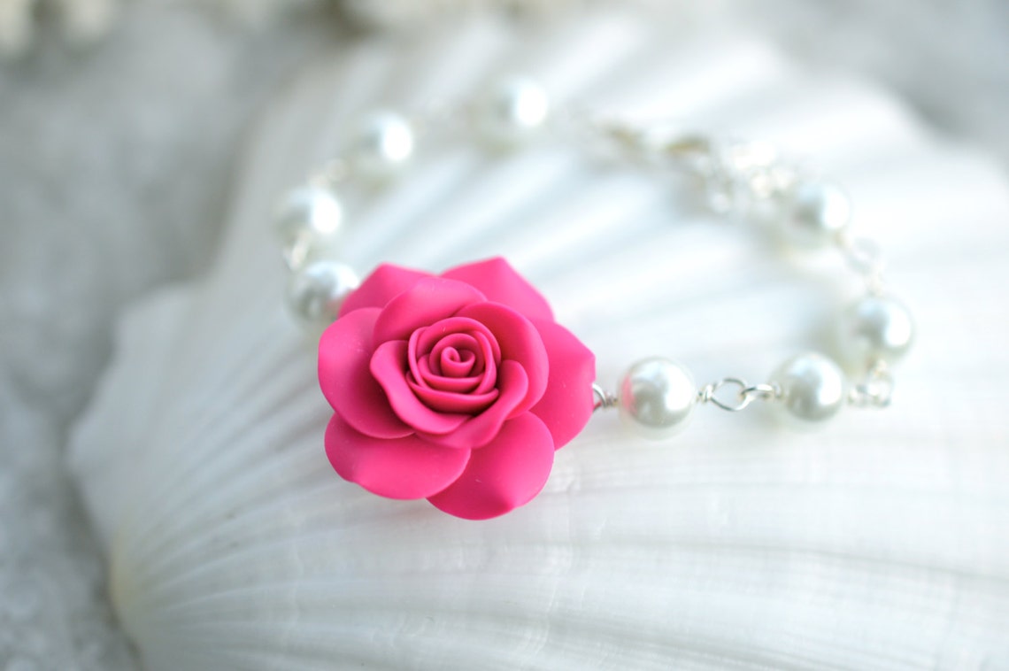 Pink Shade Rose and Pearls Bracelet, Hot Pink Rose Bracelet, Flower ...