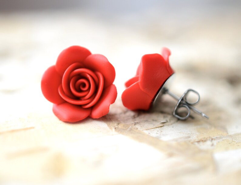 Red Rose Stud Earrings, Red Flower Earrings, Red Rose Post Earrings ...