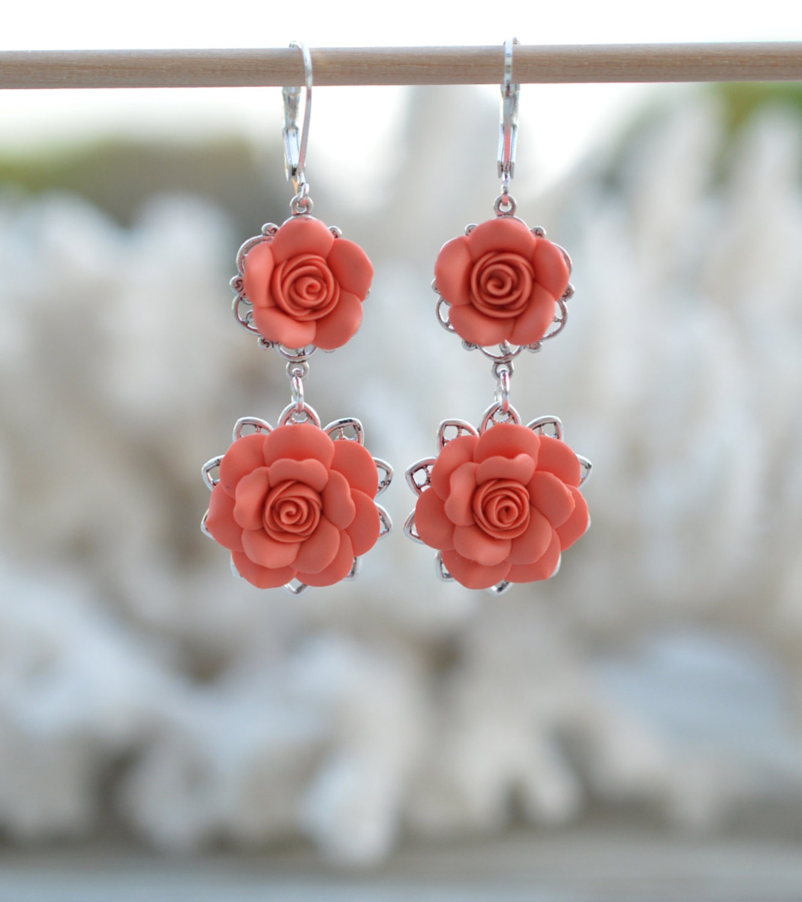 Double Roses Earrings in Coral Orange. Coral Flower Earrings. | Etsy