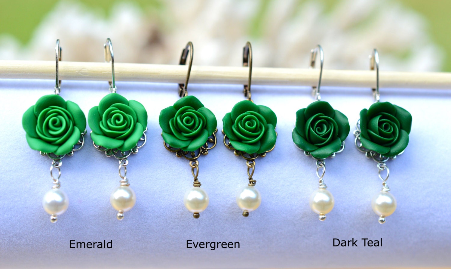 Emerald Green Evergreen Dark Teal Rose and Pearls Earrings - Etsy