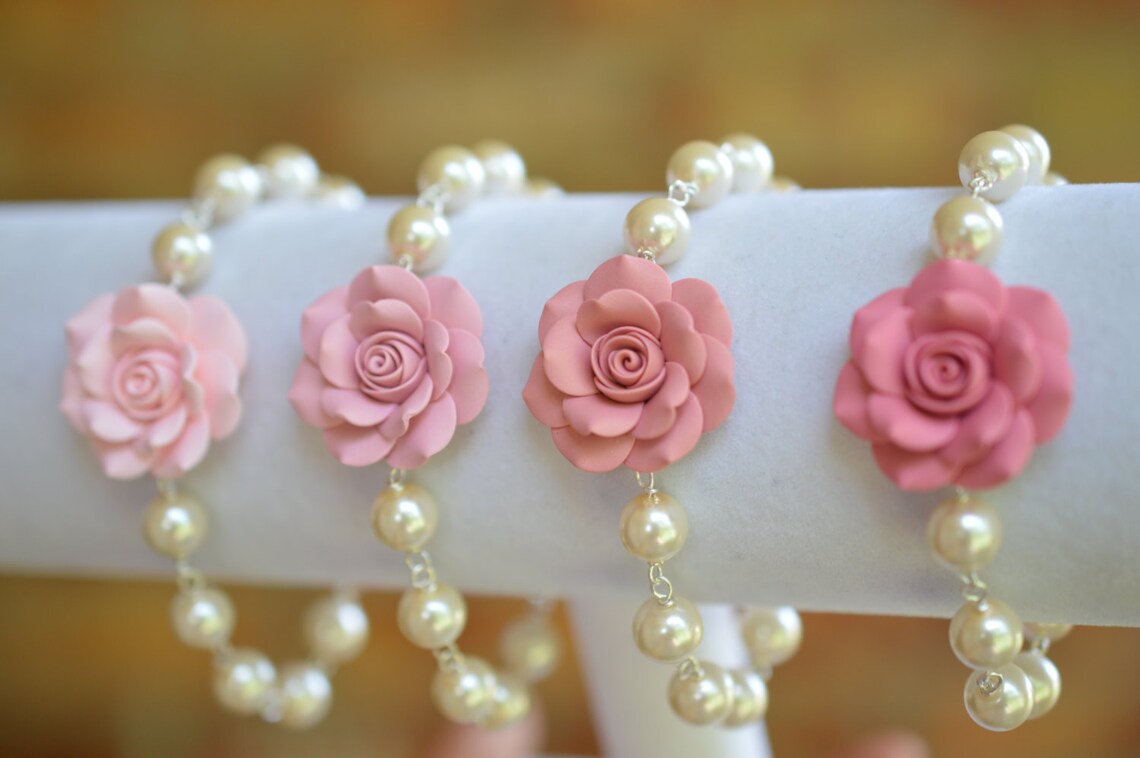1 Pcs Pink Shade Rose and Pearls Bracelet, Hot Pink Rose Bracelet ...