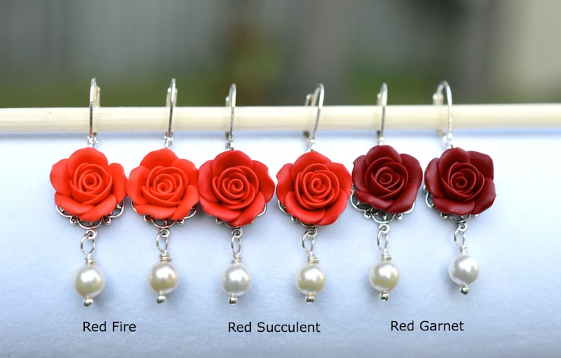 Red Rose and Pearls Earrings, Dangle Rose Earrings, Red Rose Earrings ...