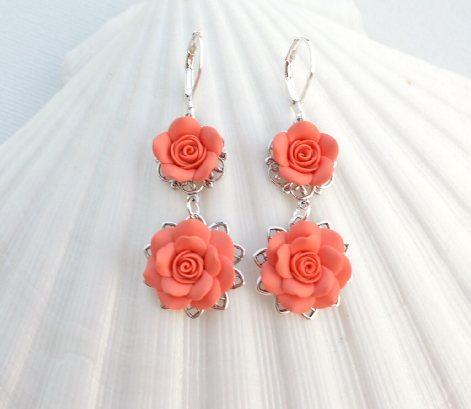 Double Roses Earrings in Coral Orange. Coral Flower Earrings. | Etsy