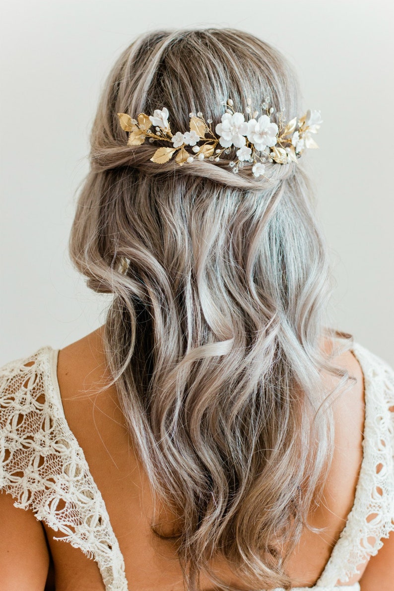 White Cherry Blossom Gold Metal Leaves Hair Vine. Sakura | Etsy