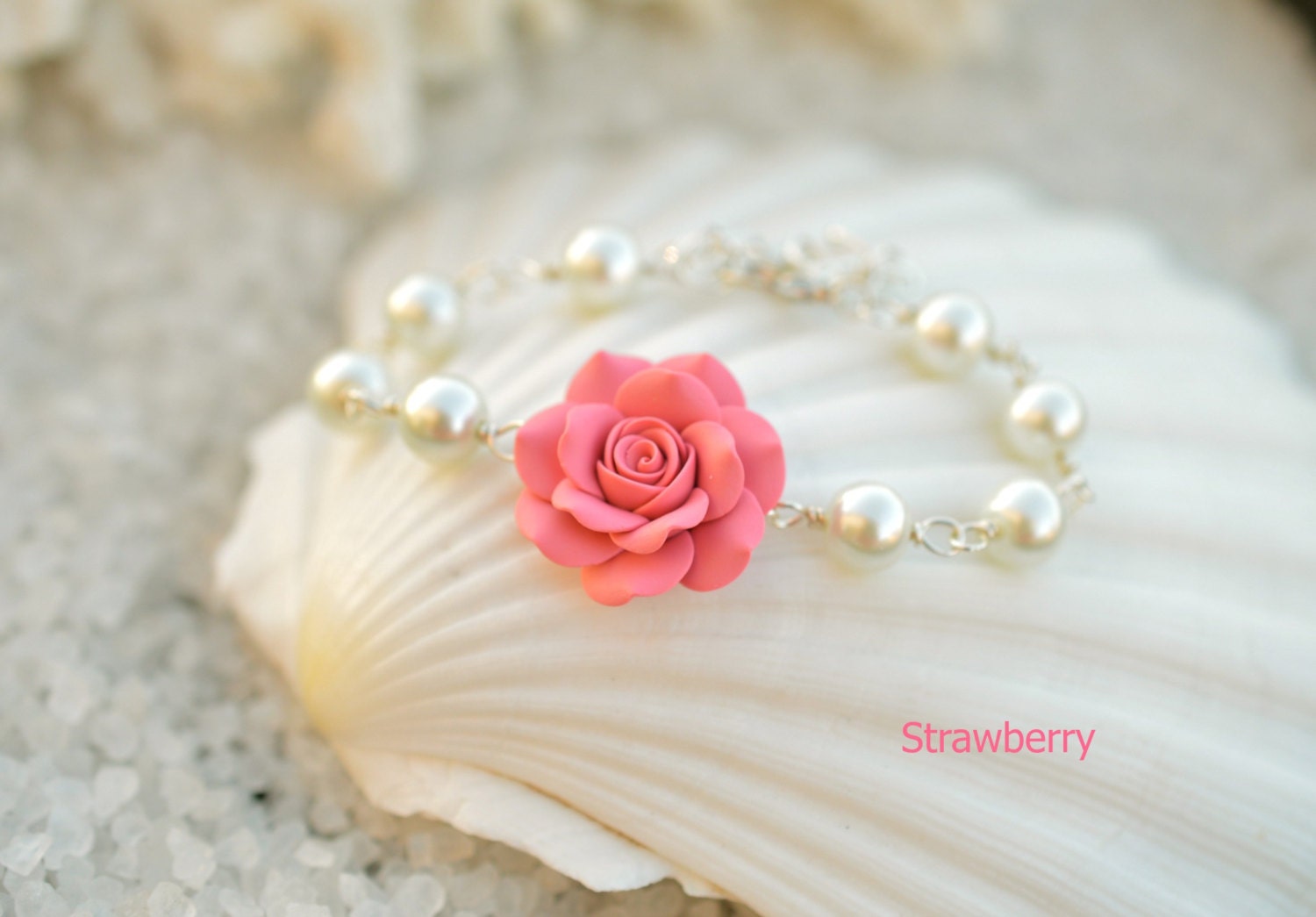 1 Pcs Pink Shade Rose and Pearls Bracelet, Hot Pink Rose Bracelet ...