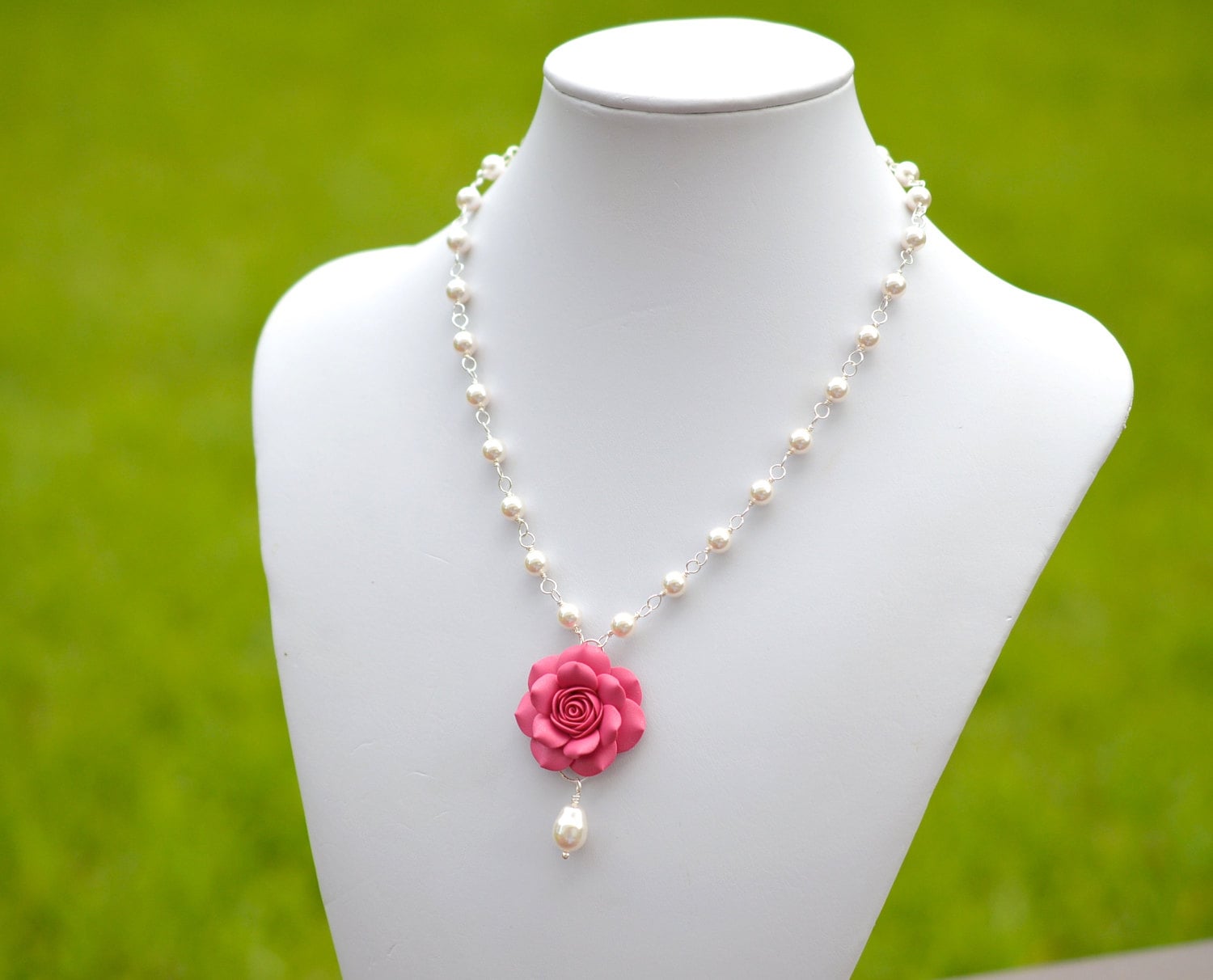 Paradise Pink Rose and Full Beaded Pearls in Centered Necklace | Etsy